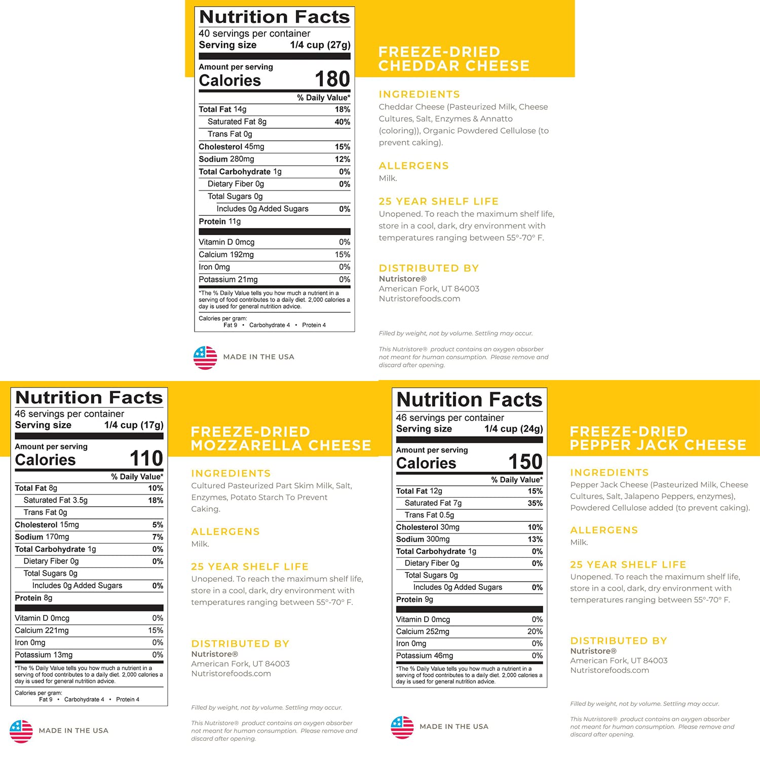 Nutristore Freeze-Dried Cheese Sample Variety 3-Pack | Cheddar, Mozzarella, & Pepper Jack | Perfect for Snacking, Backpacking, & Home Meals | Bulk Emergency Survival Food Storage | 25 Year Shelf-Life