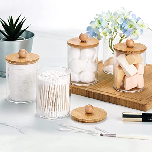 Qtip Dispenser Apothecary Jars with Bamboo Lids - Clear Plastic Vanity Makeup Organizer Storage Canister - Bathroom Accessories for Q-Tips, Cotton Swab, Cotton Ball, Cotton Rounds, floss (3)