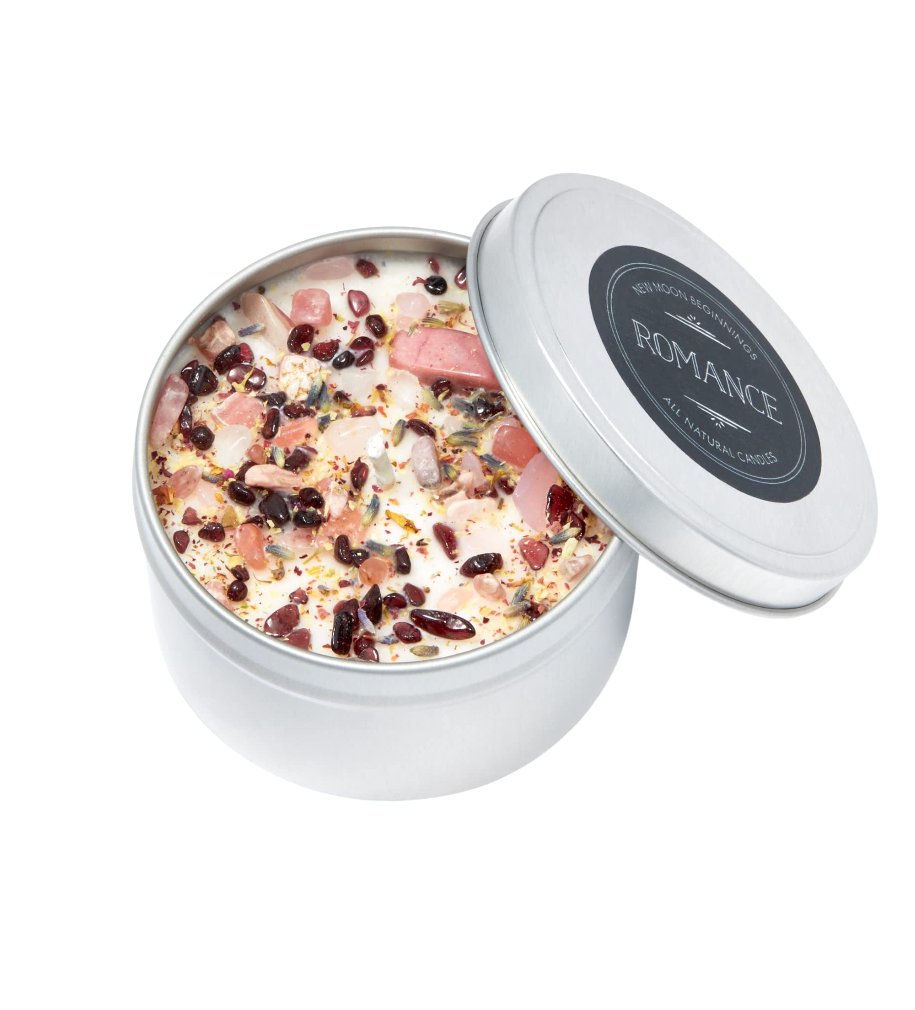 Romance Candle by New Moon Beginnings - Love Ritual Candles - Dried Flower, Herb, & Crystal Candles - Aromatherapy Candles - Soy Candle - 8oz Tin