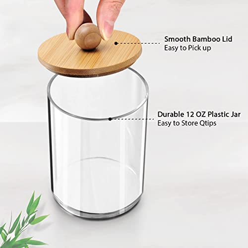 Qtip Dispenser Apothecary Jars with Bamboo Lids - Clear Plastic Vanity Makeup Organizer Storage Canister - Bathroom Accessories for Q-Tips, Cotton Swab, Cotton Ball, Cotton Rounds, floss (3)