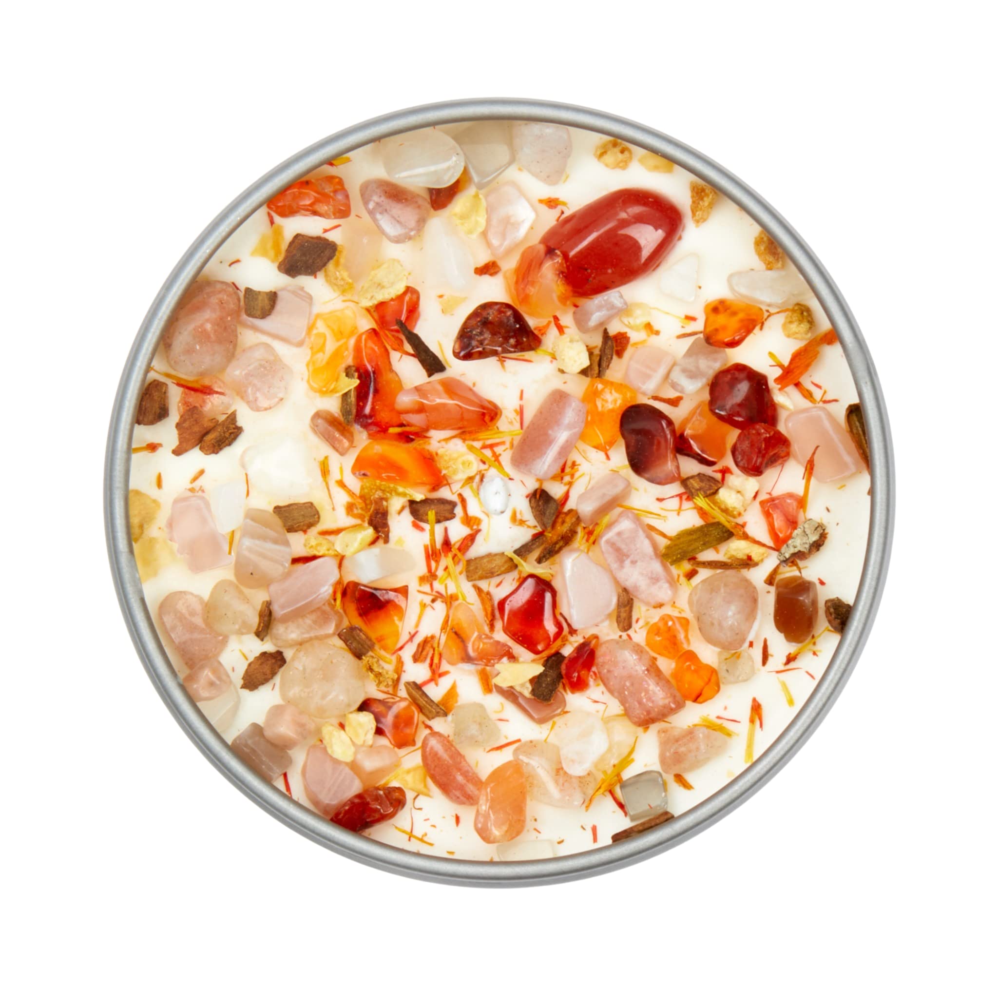 Sacral Chakra Candle by New Moon Beginnings - Chakra Candles - Dried Flower, Herb, & Crystal Candles - Aromatherapy Candles - Soy Candle - 8oz Tin