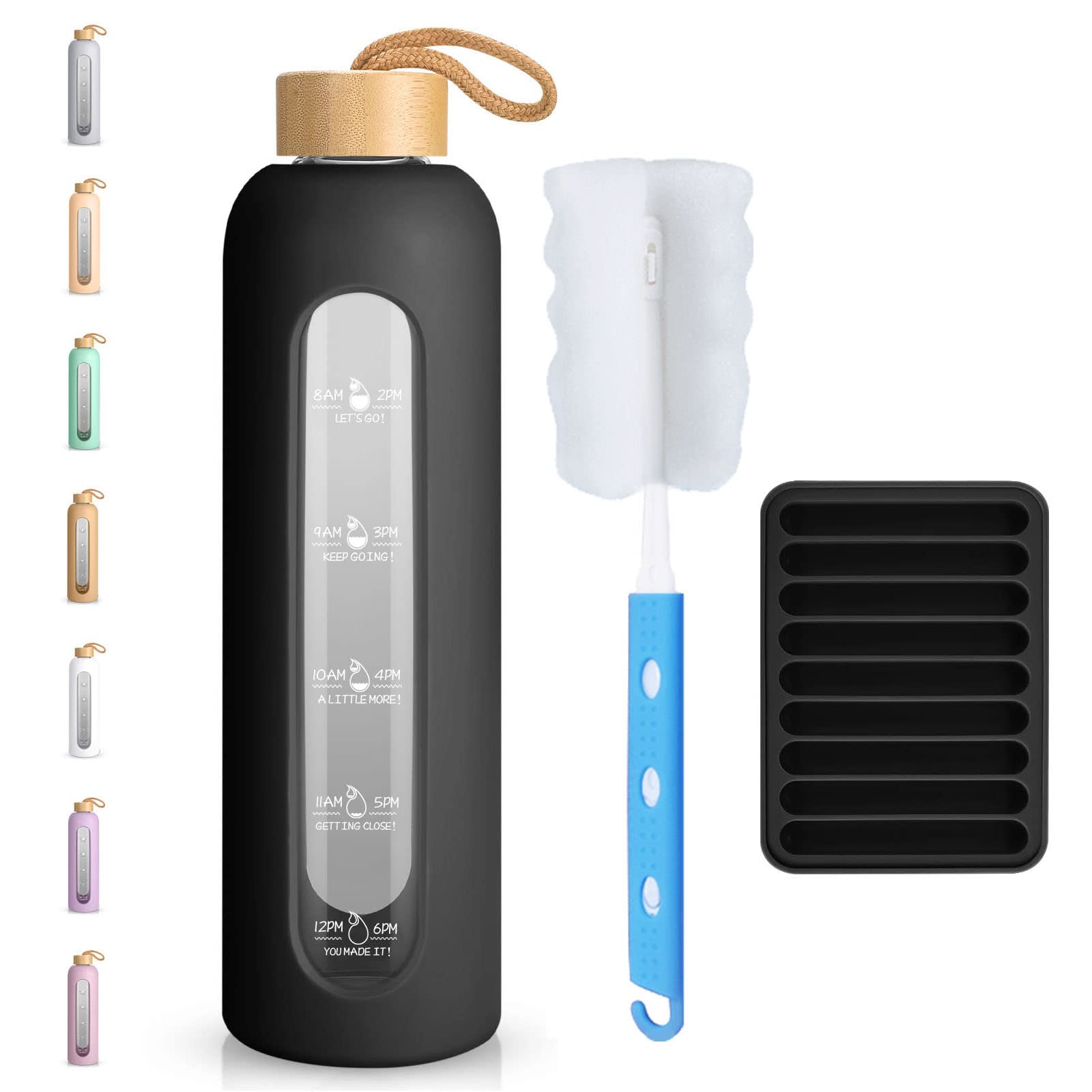 Sursip 32oz Motivational Glass Water Bottle with Time Marker, Silicone Sleeve, and Bamboo Lid - 1 Liter Reusable Drinking Bottle with Ice Cube Tray, Leak-Proof Design