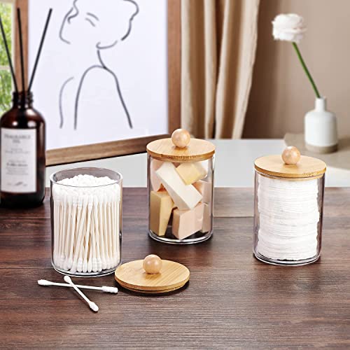 Qtip Dispenser Apothecary Jars with Bamboo Lids - Clear Plastic Vanity Makeup Organizer Storage Canister - Bathroom Accessories for Q-Tips, Cotton Swab, Cotton Ball, Cotton Rounds, floss (3)