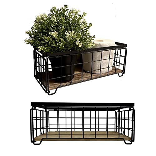 Metal Wire Storage Basket Bin for Toilet Paper, Coffee Pod cups, Towel, Shampoo, Toilet Tank Tray Decor Box, Kitchen basket for Countertop Cabinet Laundry, Bathroom Basket Toilet Tray- Black SHIN¡YIK
