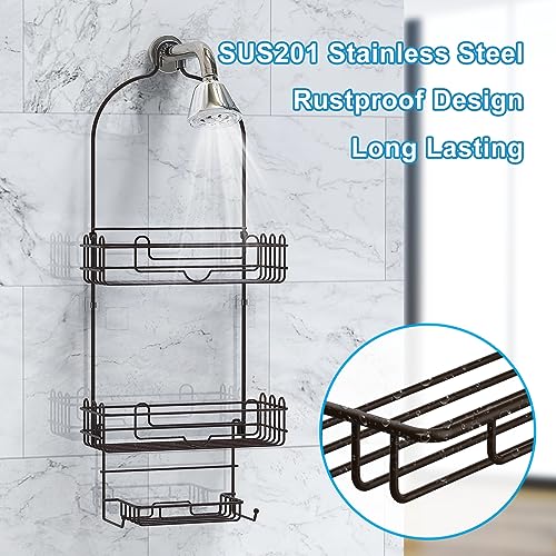 Bextsrack Shower Caddy Over Shower Head, Bathroom Hanging Shower Organizer Rack with Hooks, SUS201 Stainless Steel Shower Shelves for Shampoo, Soap, Bronze