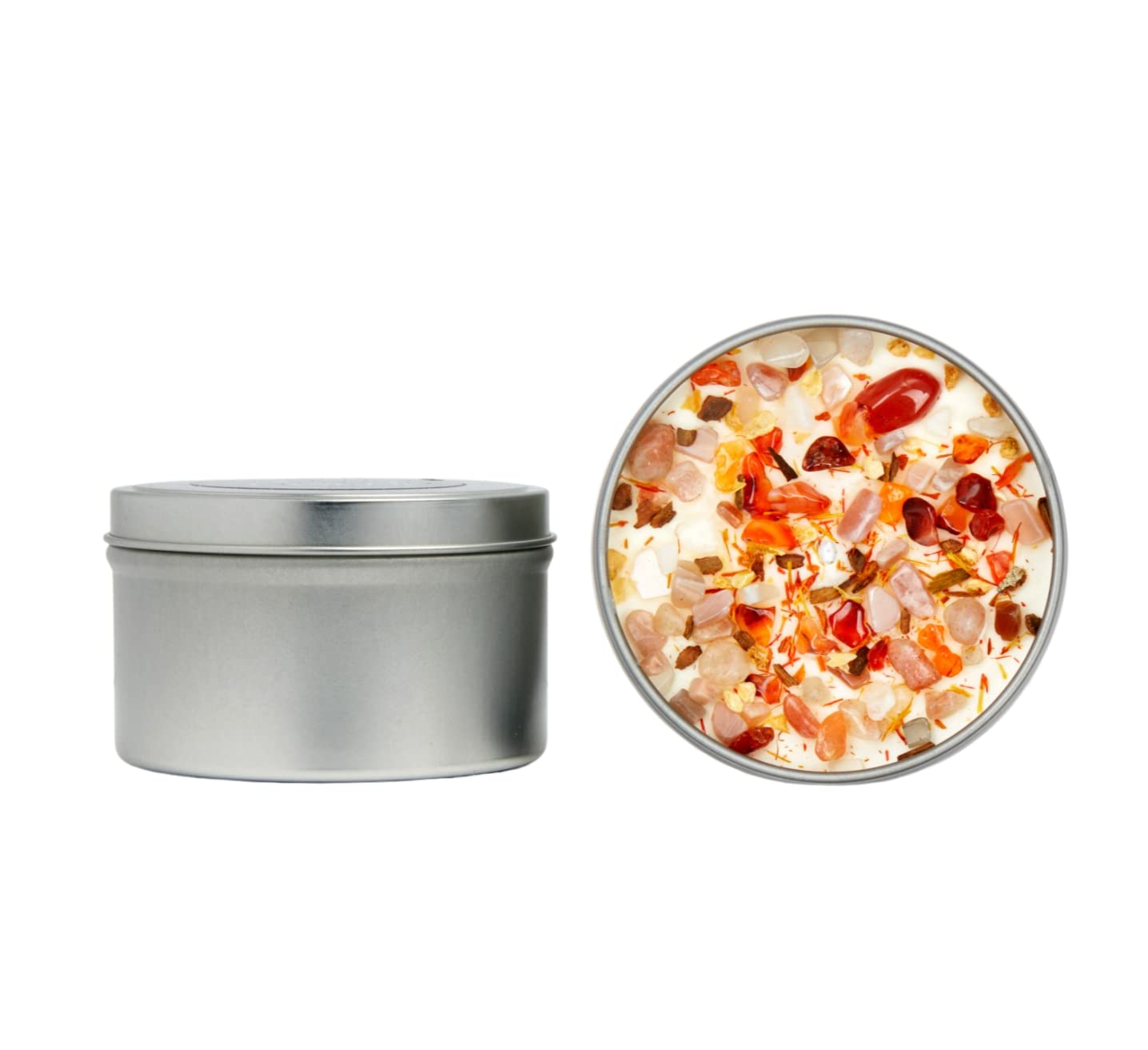 Sacral Chakra Candle by New Moon Beginnings - Chakra Candles - Dried Flower, Herb, & Crystal Candles - Aromatherapy Candles - Soy Candle - 8oz Tin