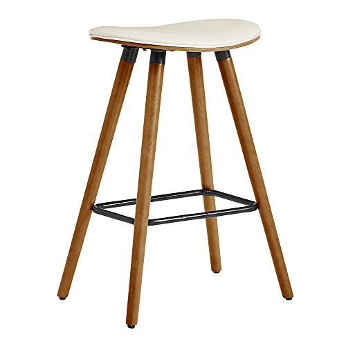 Armen Living Piper 26" Counter Height Backless Bar Stool in Cream Faux Leather and Walnut Wood
