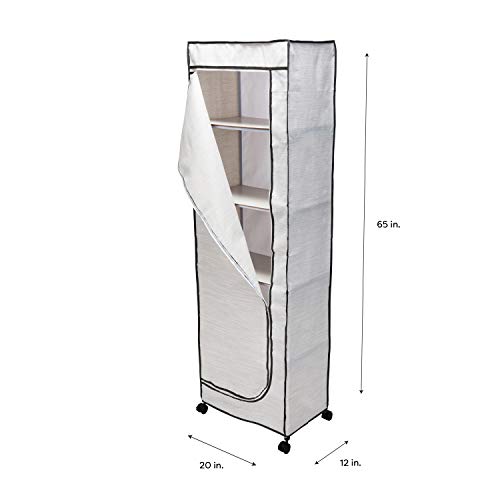 Organize It All 5 Tier Portable Wardrobe Storage Closet Tower | Dimensions: 20" x 12" x 65" | 5 Tier | Space Saving | Durable | Closet Accessories | Grey