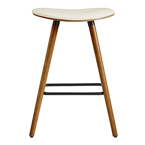 Armen Living Piper 26" Counter Height Backless Bar Stool in Cream Faux Leather and Walnut Wood