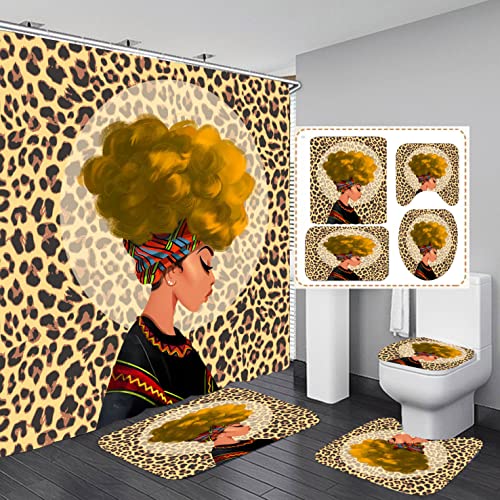 Traditional African American Woman Character Shower Curtain Sets, 4PCS Set for Bathroom Decor-1 HD Pattern Printing Shower Curtain & 3 Non-Slip Toilet Rugs and Lid Cover (Violet)