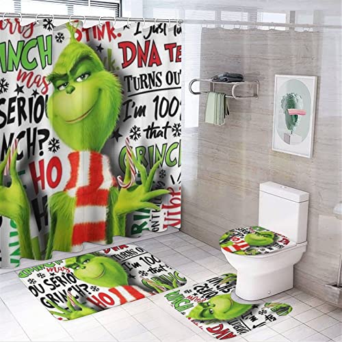 LIXBDHN 4Pcs Christmas Shower Curtain, Toilet Lid Rug, Contour Mat and Bath Mat with 12 Hooks for Bathroom Set Decor (72 x 72 Inch)