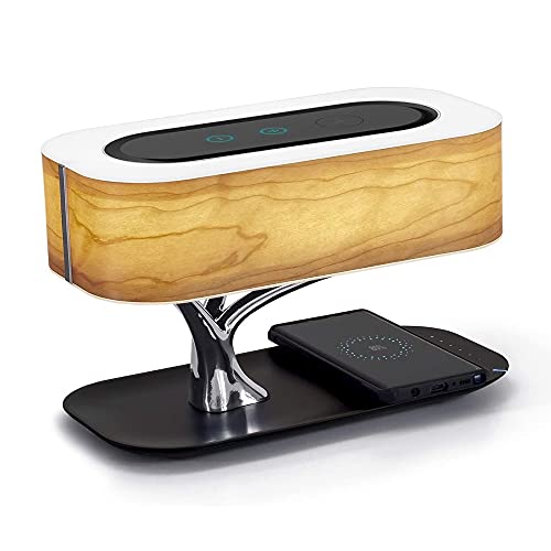 Well Guided Tree of Light Bedside Table Lamp Shade Modern Bedroom Desk Night Light Bluetooth Speaker Fast Qi Wireless Charger Touch Control Dimmable LED Light Smart Corner Lampshade Cherrywood