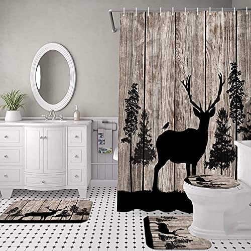 SiMiWOW Rustic Forest Elk Shower Curtain Set with Rugs Wildlife Animal Shower Curtain Farmhouse Decor Set Deer Shower Curtain with Mats, Set of 4