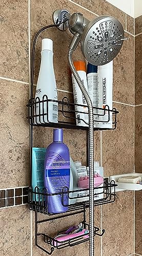 Bextsrack Shower Caddy Over Shower Head, Bathroom Hanging Shower Organizer Rack with Hooks, SUS201 Stainless Steel Shower Shelves for Shampoo, Soap, Bronze