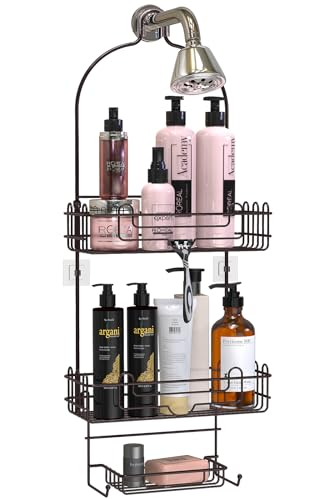 Bextsrack Shower Caddy Over Shower Head, Bathroom Hanging Shower Organizer Rack with Hooks, SUS201 Stainless Steel Shower Shelves for Shampoo, Soap, Bronze