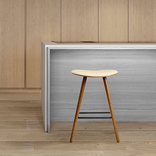 Armen Living Piper 26" Counter Height Backless Bar Stool in Cream Faux Leather and Walnut Wood