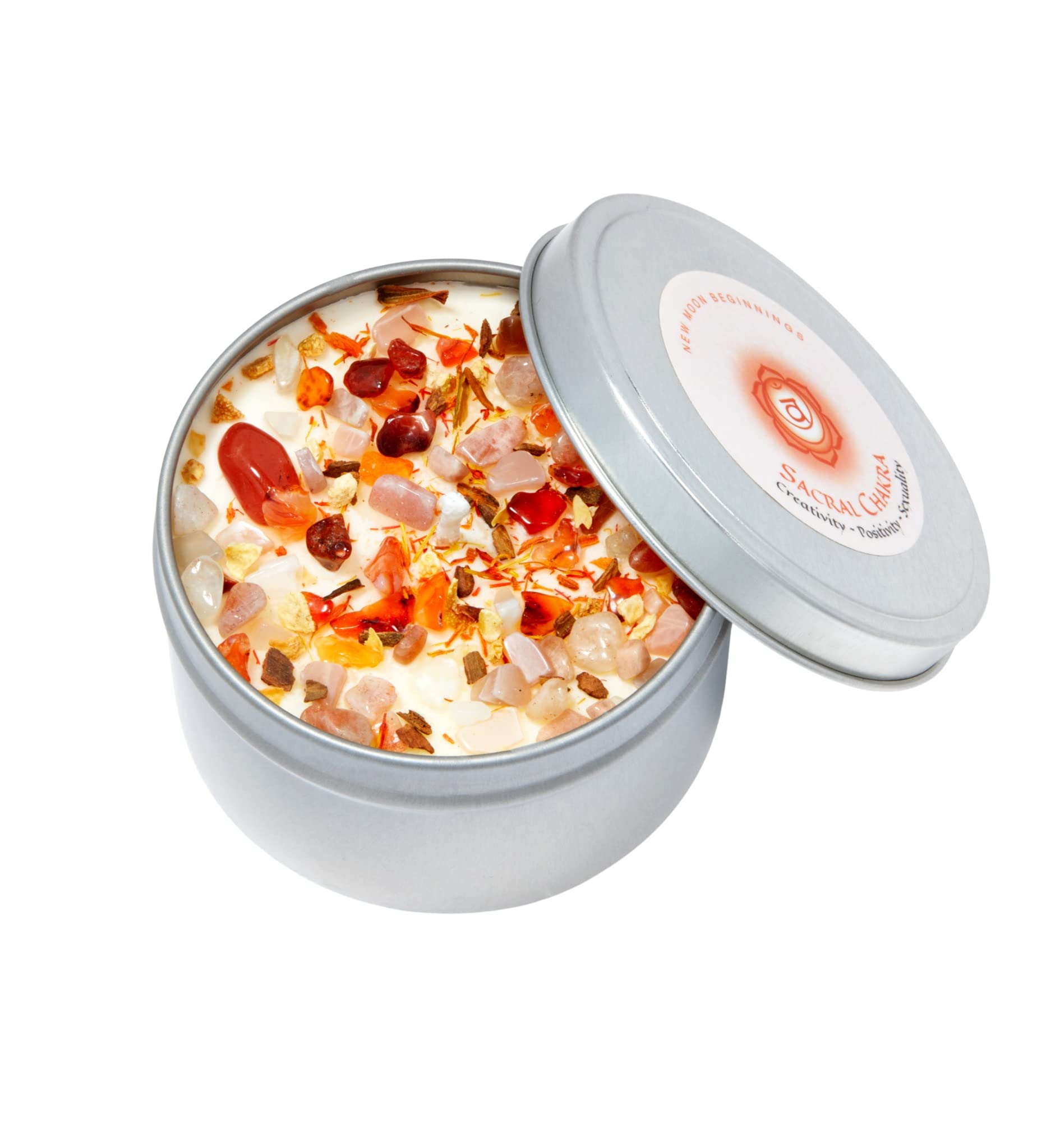 Sacral Chakra Candle by New Moon Beginnings - Chakra Candles - Dried Flower, Herb, & Crystal Candles - Aromatherapy Candles - Soy Candle - 8oz Tin