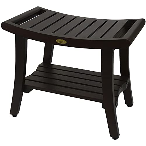 DecoTeak Harmony Shower Bench 24" Solid Teak Wood Shower Bench with Shelf and LiftAide Arms 300 Pound Weight Capacity Shower Stool in Woodland Brown Finish