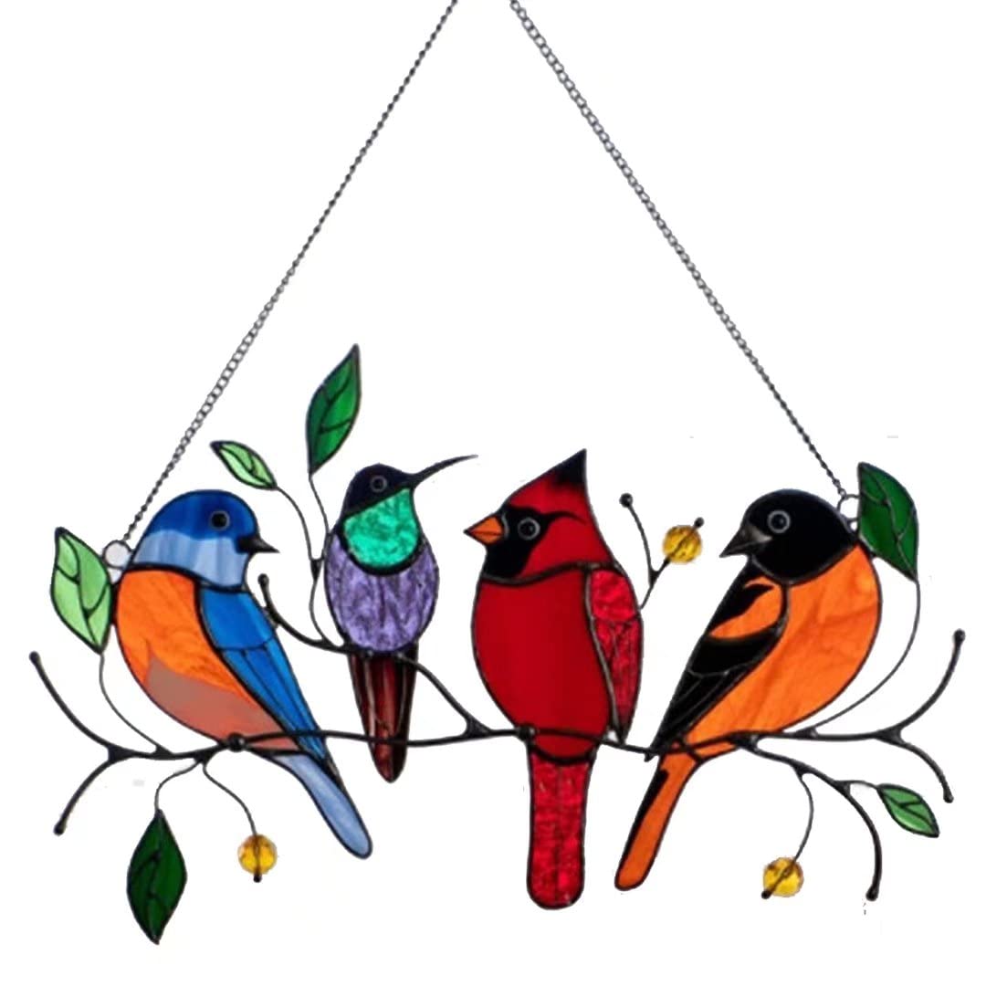 Multicolor Birds On-A-Wire, Metal Bird Series Art Ornaments Pendant Hanging for Windows or Doors Home Decoration, Gifts for Bird Lovers(4 Birds)