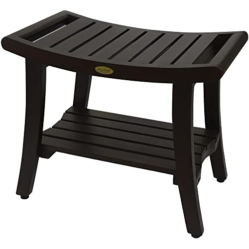 DecoTeak Harmony Shower Bench 24" Solid Teak Wood Shower Bench with Shelf and LiftAide Arms 300 Pound Weight Capacity Shower Stool in Woodland Brown Finish