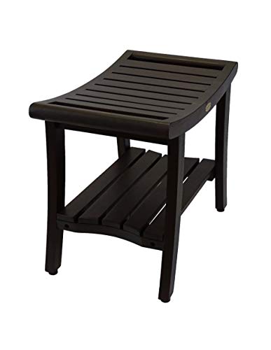 DecoTeak Harmony Shower Bench 24" Solid Teak Wood Shower Bench with Shelf and LiftAide Arms 300 Pound Weight Capacity Shower Stool in Woodland Brown Finish