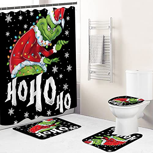 Merry Christmas Bathroom 4-Piece Set, Shower Curtain, Non-Slip Rug, Toilet Seat Cover and Bath Mat Grinch Christmas Holiday Bathroom Decor with Hooks 72 x 72 inches (Bathroom Sets2)