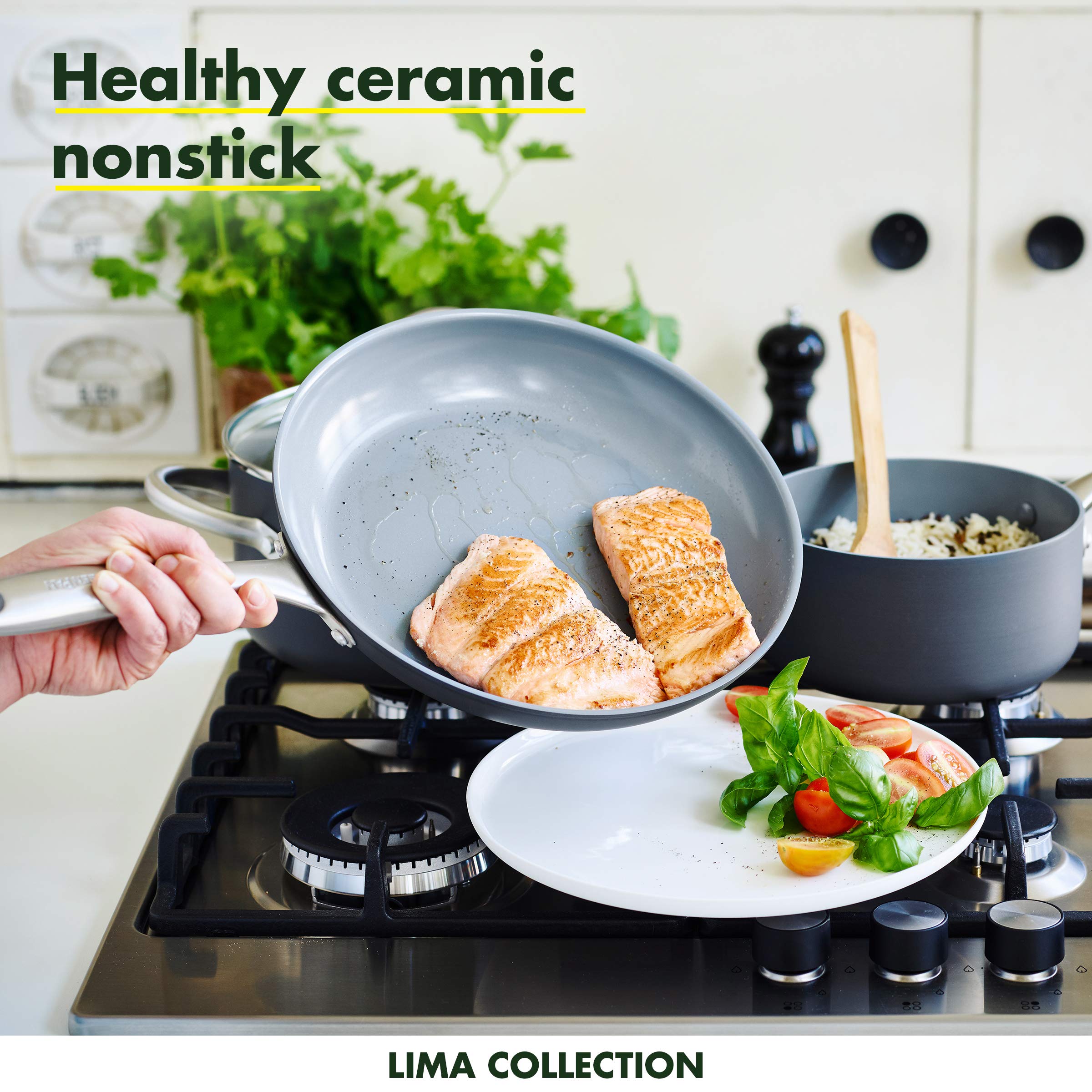 GreenPan Lima 1QT and 2QT Ceramic Non-Stick Saucepan Set, Gray - & Lima 8" Ceramic Non-Stick Open Frypan, Gray - CW0002858