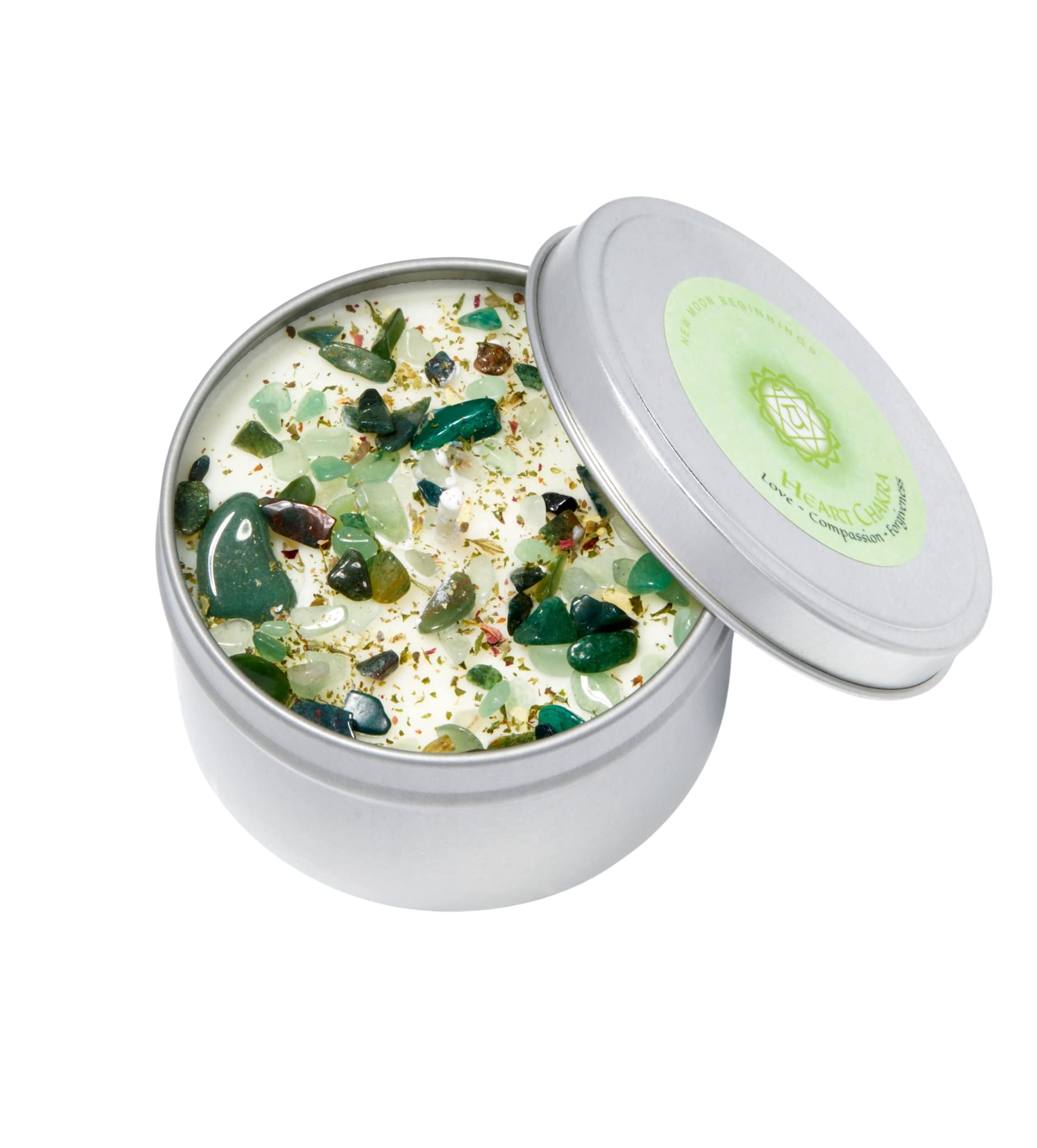 Heart Chakra Candle by New Moon Beginnings - Chakra Candles - Dried Flower, Herb, & Crystal Candles - Aromatherapy Candles - Soy Candle - 8oz Tin