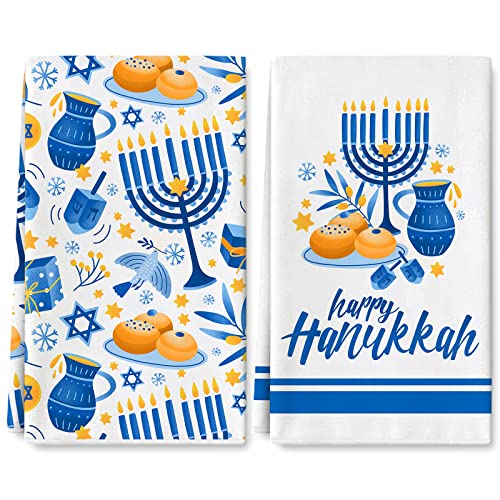 AnyDesign Happy Hanukkah Kitchen Towel 18 x 28 Inch Blue Watercolor Candlestick Dish Towel Jewish Festival Tea Towel Hand Drying Towel for Home Kitchen Cooking Baking, 2 Packs