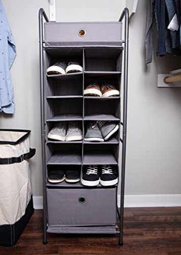 BIRDROCK HOME 12 Cubby Vertical Shoe Rack Organizer with Large Drawer - Grey - Free Standing Tower for Closet - Sturdy Metal Frame - Space Saver - Bedroom Organization