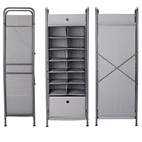 BIRDROCK HOME 12 Cubby Vertical Shoe Rack Organizer with Large Drawer - Grey - Free Standing Tower for Closet - Sturdy Metal Frame - Space Saver - Bedroom Organization