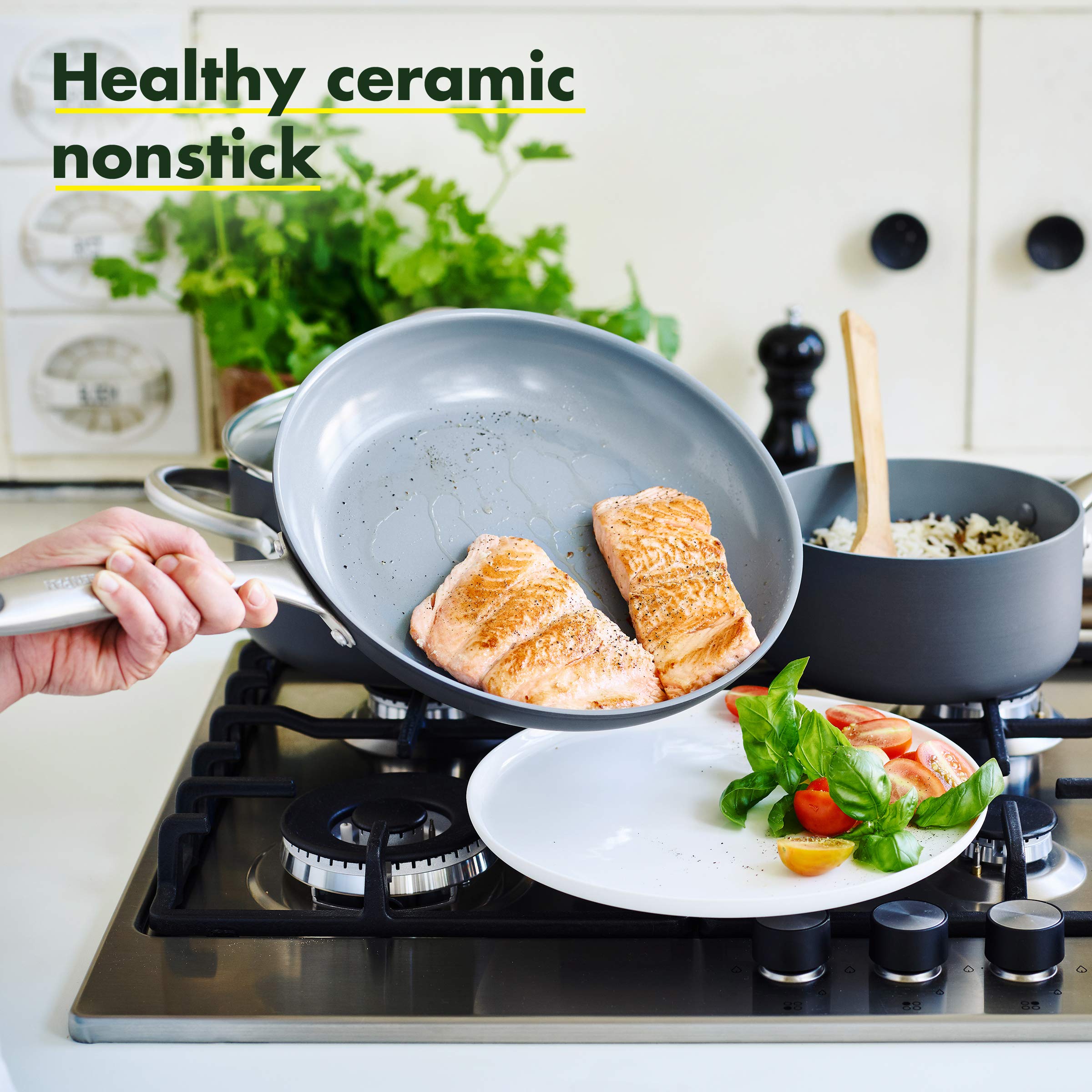 GreenPan Lima 1QT and 2QT Ceramic Non-Stick Saucepan Set, Gray - & Lima 8" Ceramic Non-Stick Open Frypan, Gray - CW0002858