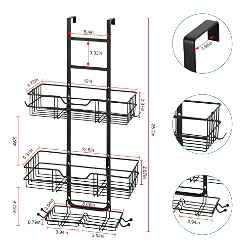 melos Over The Door Shower Caddy, 3 Tier Shower Hanging Organizer Shelf Rustproof, Shampoo Holder With Soap Holder, Shower Basket With Hooks, For Dorm, Bath, No Drilling, Black