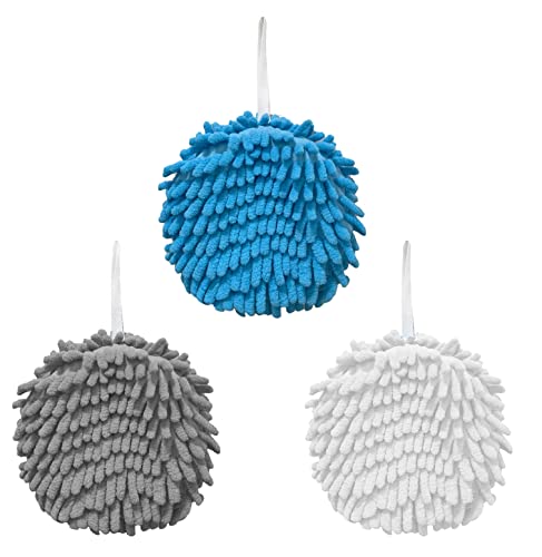 iMaylex 3 Pack Chenille Fuzzy Ball Hand Towels, Quick Dry and High Absorbent Microfiber Hand Towels with Hanging Loops for Kitchen Bathroom, 7" x 7", White & Blue & Grey