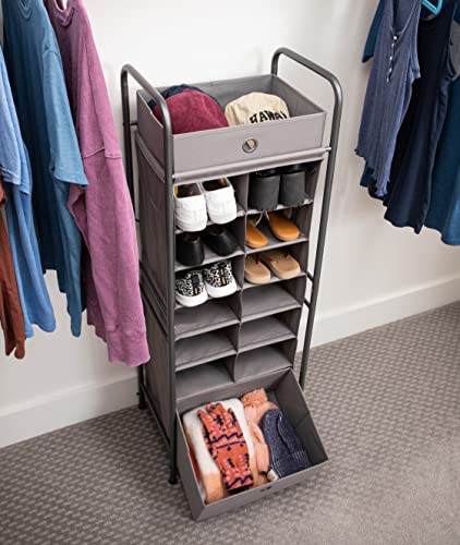 BIRDROCK HOME 12 Cubby Vertical Shoe Rack Organizer with Large Drawer - Grey - Free Standing Tower for Closet - Sturdy Metal Frame - Space Saver - Bedroom Organization