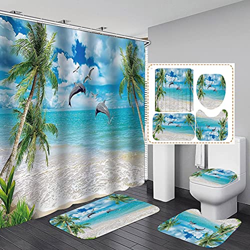 AKvsoze 4PCS Set Tropical Ocean Beach Dolphin Shower Curtain, Teal Sea Blue Sky White Clouds Seagull Green Palm Leaf Seaside Island Scenery Marine Life Bathroom Decor, Non-slip Bath Rugs, Coconut Tree