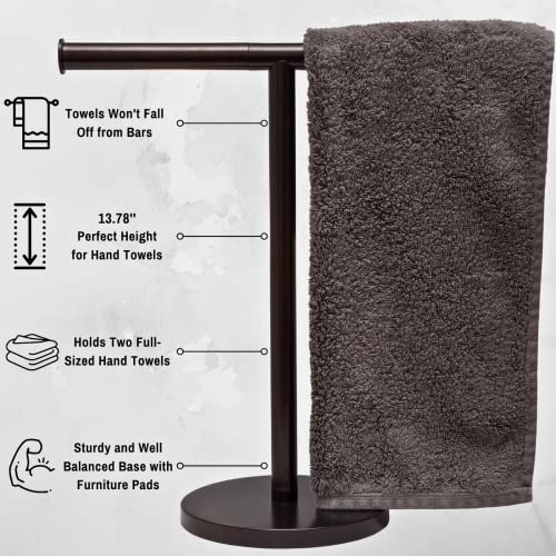 Debodda Modern Hand Towel Stand for Bathroom, Kitchen or Vanity, Height 13.78β, Free Standing Matte Bronze Countertop Rack with Balanced Base, Perfect Hand Towel Holder, Dual Washcloth Display