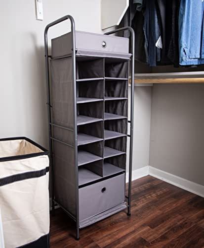 BIRDROCK HOME 12 Cubby Vertical Shoe Rack Organizer with Large Drawer - Grey - Free Standing Tower for Closet - Sturdy Metal Frame - Space Saver - Bedroom Organization