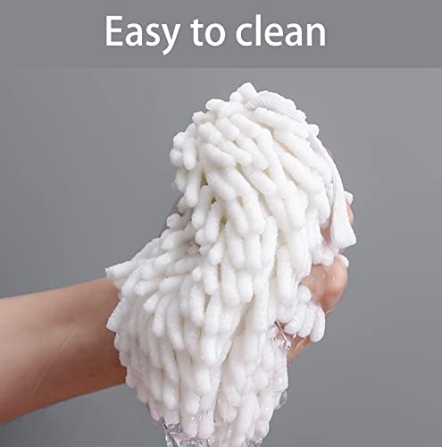 iMaylex 3 Pack Chenille Fuzzy Ball Hand Towels, Quick Dry and High Absorbent Microfiber Hand Towels with Hanging Loops for Kitchen Bathroom, 7" x 7", White & Blue & Grey