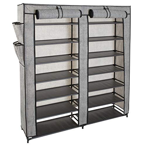 Simplify 7 Tier Double Wide 14 Shelf Shoe Storage Closet Organizer Rack with Cover and Side Pockets, Freestanding, Holds 42 Pairs, Good for Sneakers, Flats, Heels & Boots, Black