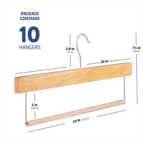 High-Grade Wooden Slack/Trouser Pants Hangers with Non Slip Bar (10 Pack) Smooth Finish, Durable Wooden Hangers - Slim & Sleek Space Saving Closet Hangers, 360° Hook- Ideal for Pant, Jeans, Slacks Etc