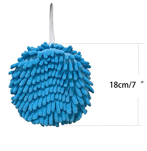 iMaylex 3 Pack Chenille Fuzzy Ball Hand Towels, Quick Dry and High Absorbent Microfiber Hand Towels with Hanging Loops for Kitchen Bathroom, 7" x 7", White & Blue & Grey