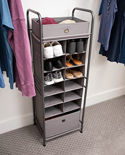 BIRDROCK HOME 12 Cubby Vertical Shoe Rack Organizer with Large Drawer - Grey - Free Standing Tower for Closet - Sturdy Metal Frame - Space Saver - Bedroom Organization