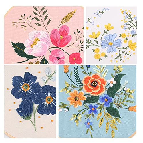 Myfelicity 4 Sets of Embroidery Starter Kits, Adult Women’s Hobbies, Including Cloth with Floral Patterns, Colored Threads, Needles, Hoops and Instructions