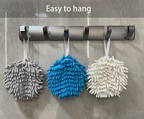 iMaylex 3 Pack Chenille Fuzzy Ball Hand Towels, Quick Dry and High Absorbent Microfiber Hand Towels with Hanging Loops for Kitchen Bathroom, 7" x 7", White & Blue & Grey