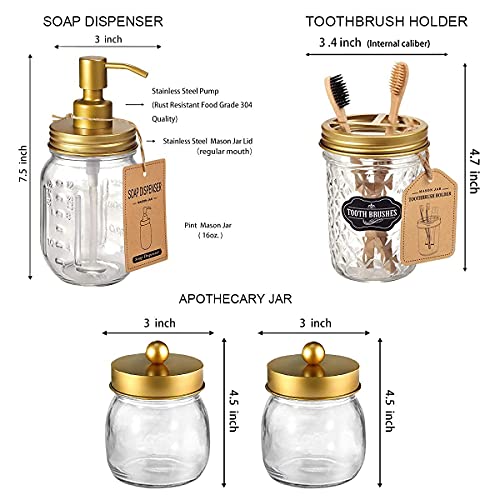 Amolliar 4PCS & 2pcs Gold Mason Jar Bathroom Accessories Set-3pcs Lotion Soap Dispenser & 2 pcs Cotton Swab Holder &1pcs Toothbrush Holder,Waterproof Stickers,Rustic Farmhouse Decor