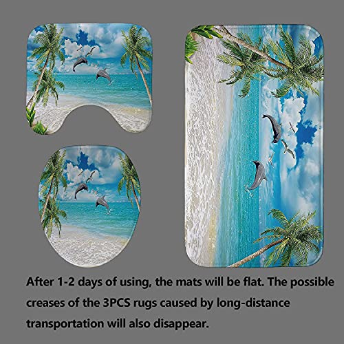 AKvsoze 4PCS Set Tropical Ocean Beach Dolphin Shower Curtain, Teal Sea Blue Sky White Clouds Seagull Green Palm Leaf Seaside Island Scenery Marine Life Bathroom Decor, Non-slip Bath Rugs, Coconut Tree