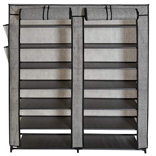 Simplify 7 Tier Double Wide 14 Shelf Shoe Storage Closet Organizer Rack with Cover and Side Pockets, Freestanding, Holds 42 Pairs, Good for Sneakers, Flats, Heels & Boots, Black
