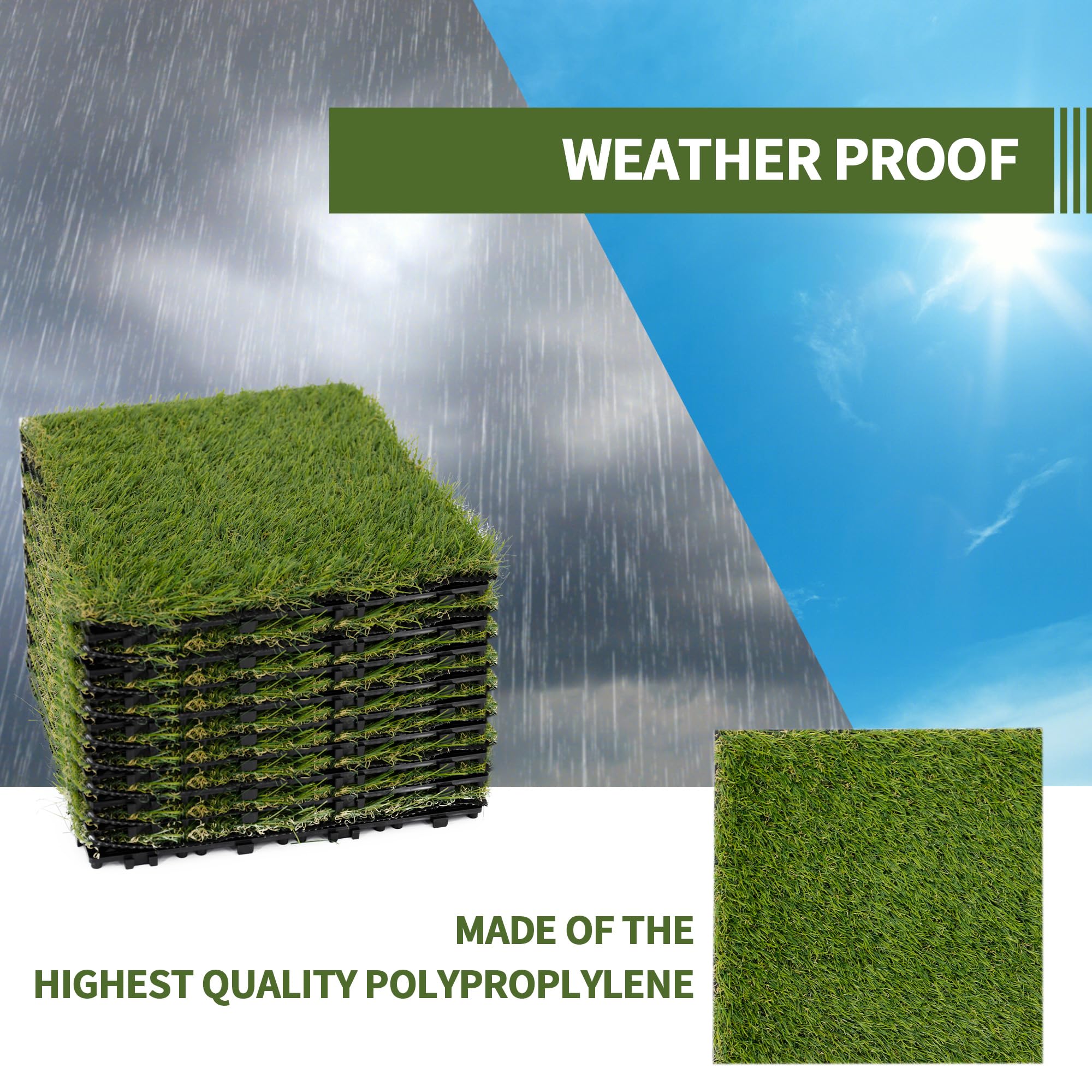 TONAHUTU Artificial Grass Turf Tile, 9 Piece 1'x1' Interlocking Fake Grass Mat Deck Tile Synthetic Grass Turf Green Lawn Carpet for Outdoor Garden Balcony Patio Decor (1.57in Height)