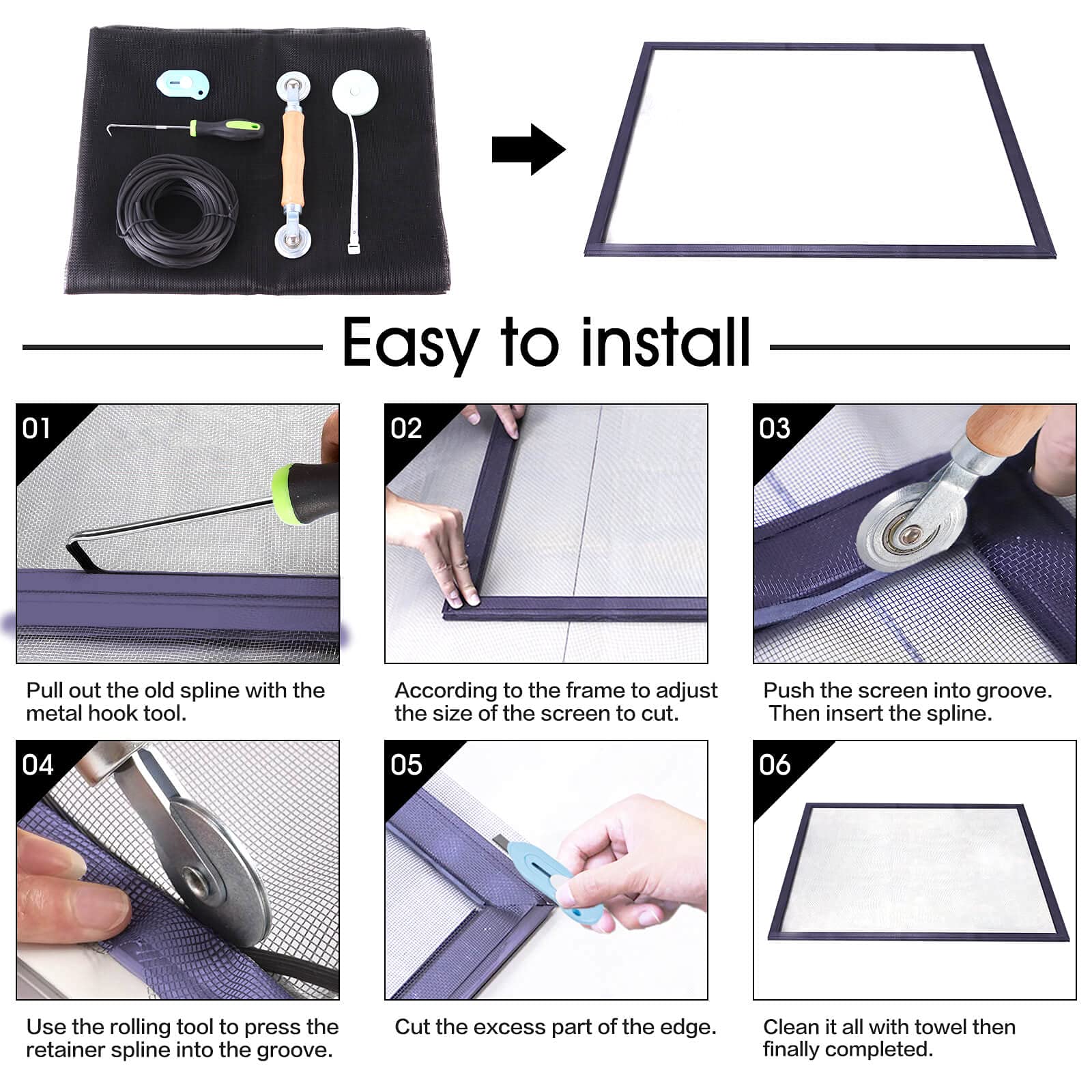 Windows Screen and Screen Door Repair Kit, 48"x118" Charcoal Fiberglass Mesh with Rolling Tool/Hook/Ruler/Cutter/Spline - Window Screen & Sliding Screen Door Replacement for Windows, TOOLTRIZ